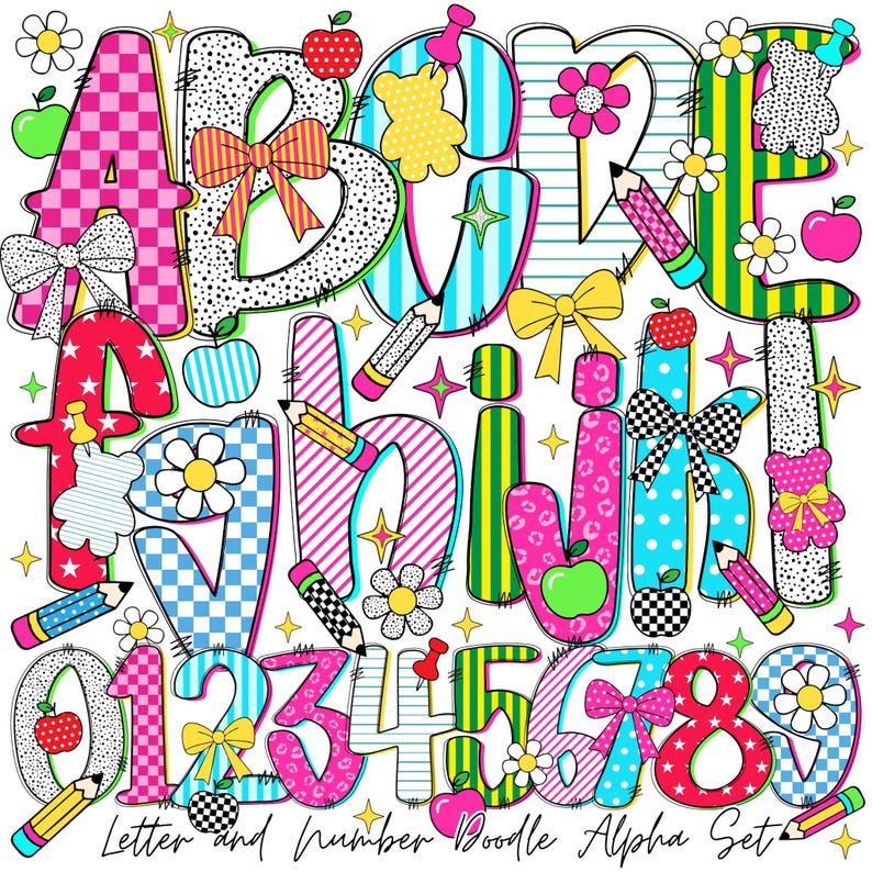 Preppy Vintage Back to School Teacher Alphabet | Doodle Alpha Font ...