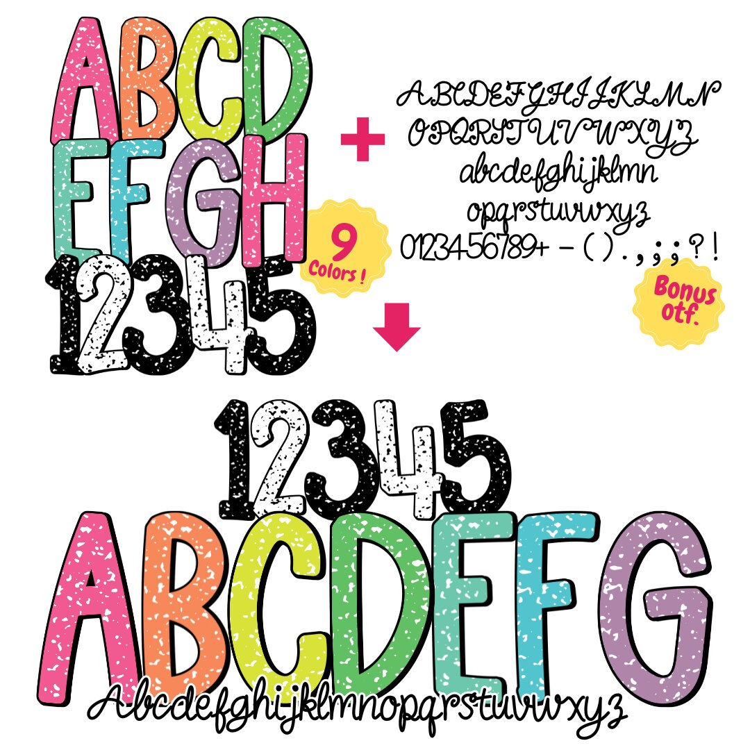 Bright Grunge Font, Groovy Alphabet PNG, School Color Palette, Doodle ...