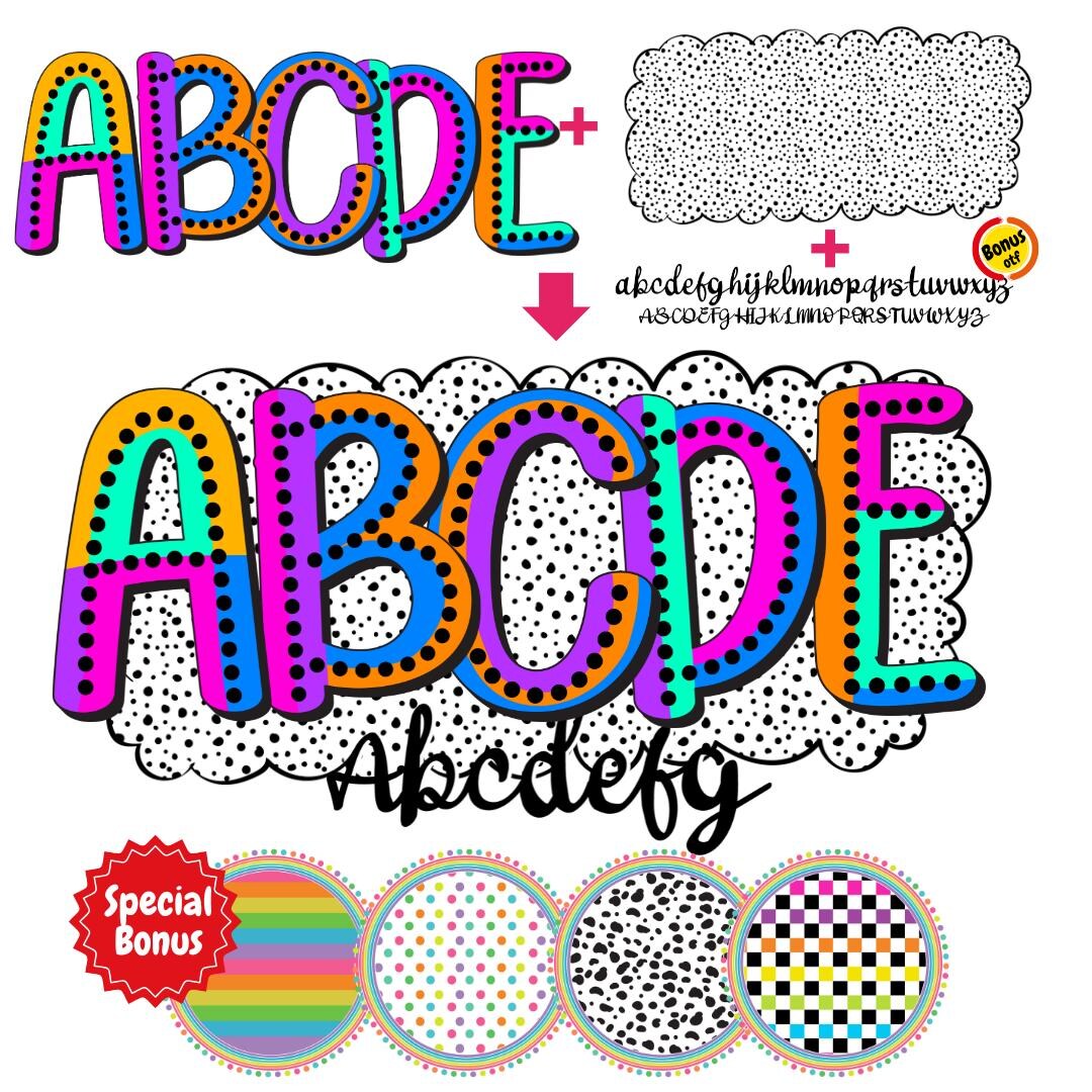 Neon Alphabet With Dalmatian Background: Custom Dalmatian Dot, Circle ...