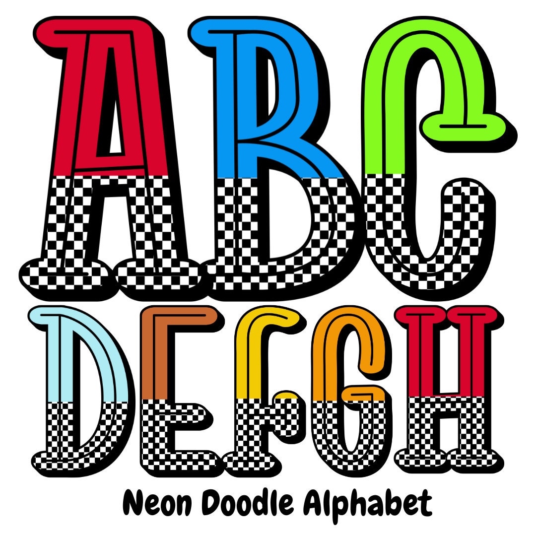 Half Checkered Black Line Scribble Doodle Font: Neon Summer School ...