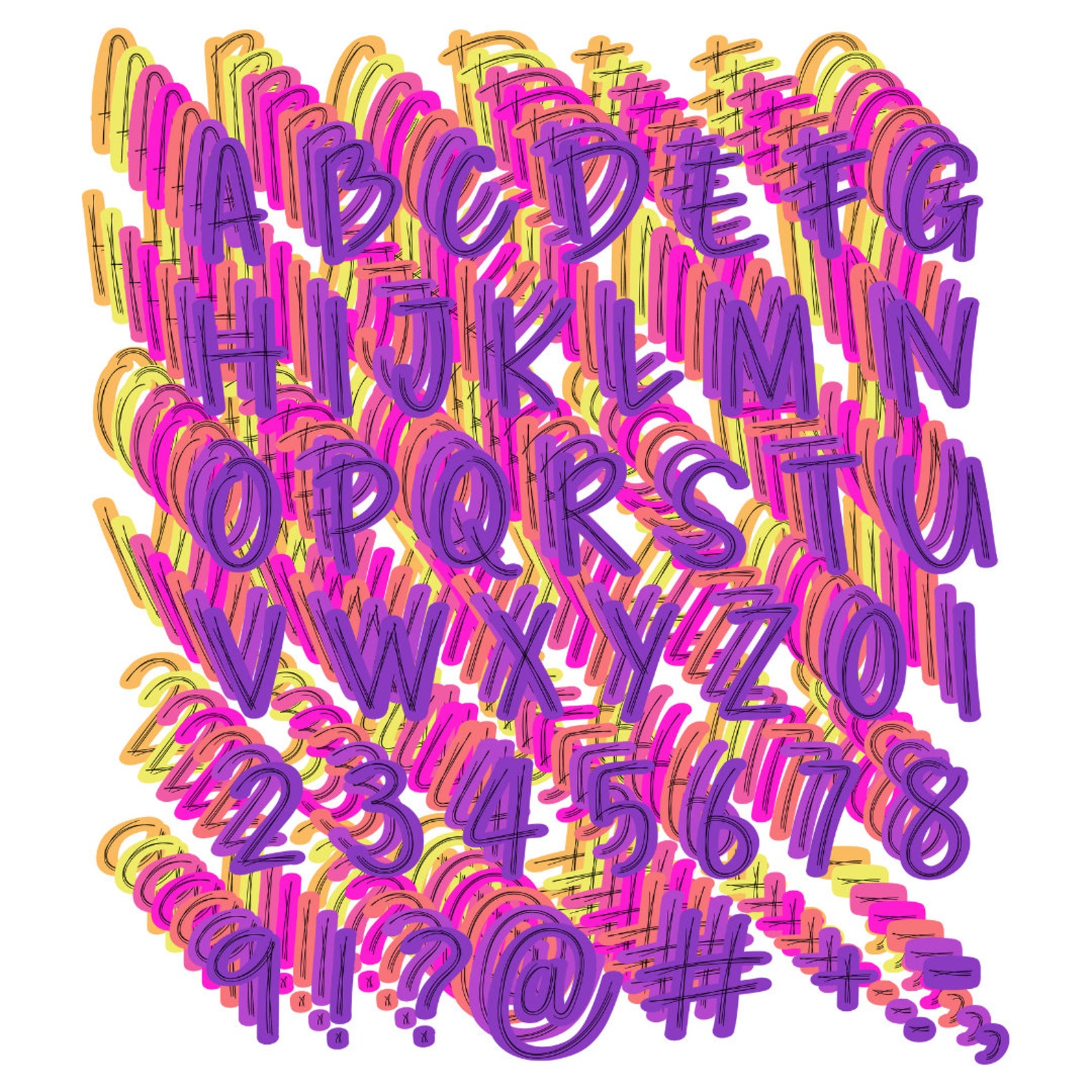 Neon Scribble Alphabet Png, Doodle Alphabet Bundle Png, Bright 7 Alpha ...