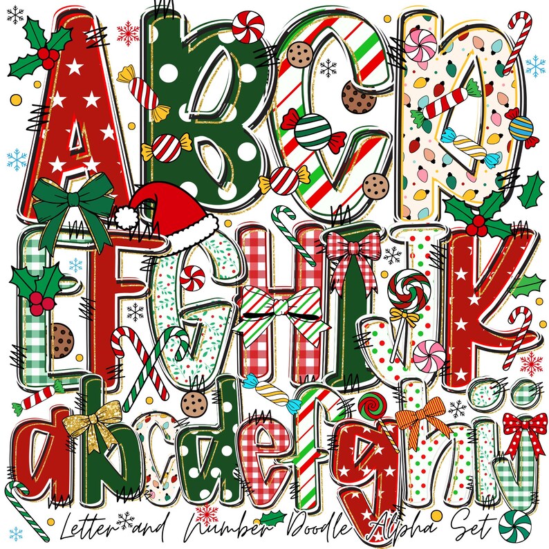 Preppy Christmas Alphabet Coquette | Doodle Alpha Font Letter and ...
