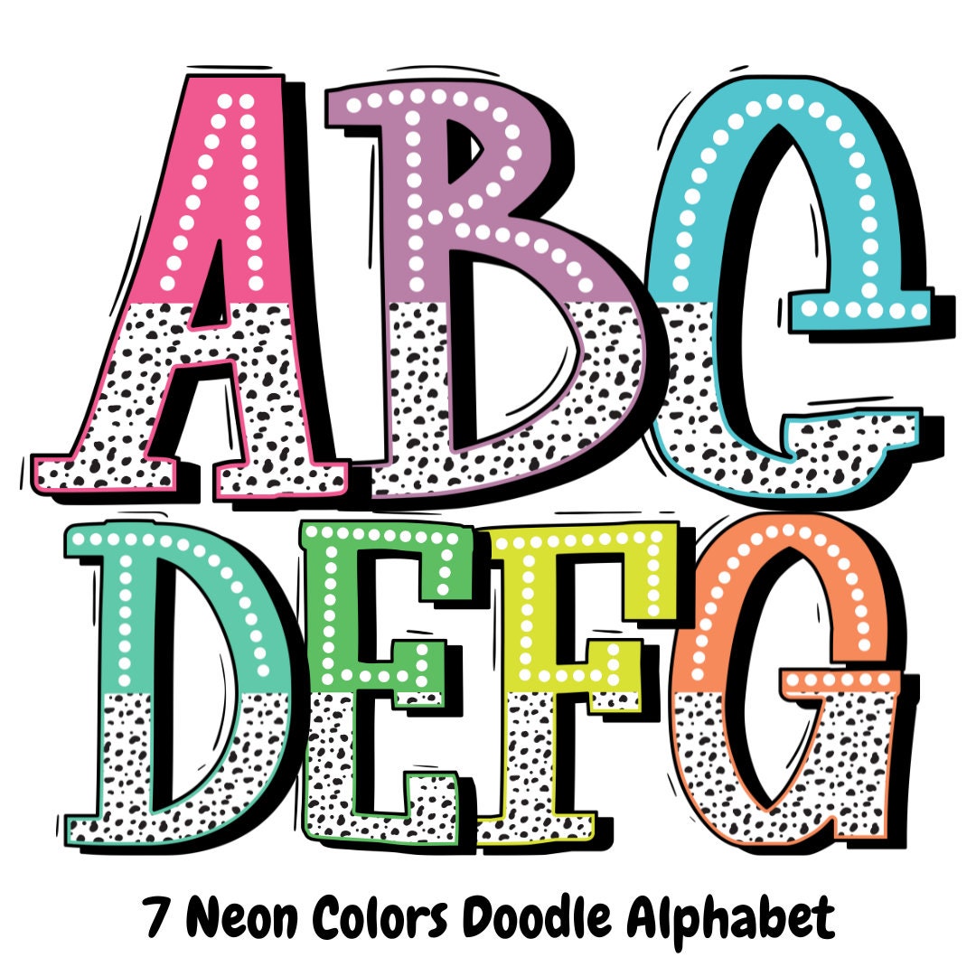 Half Dalmatian Dot Neon Colorful Handwritten Doodle Alphabet Font Set ...