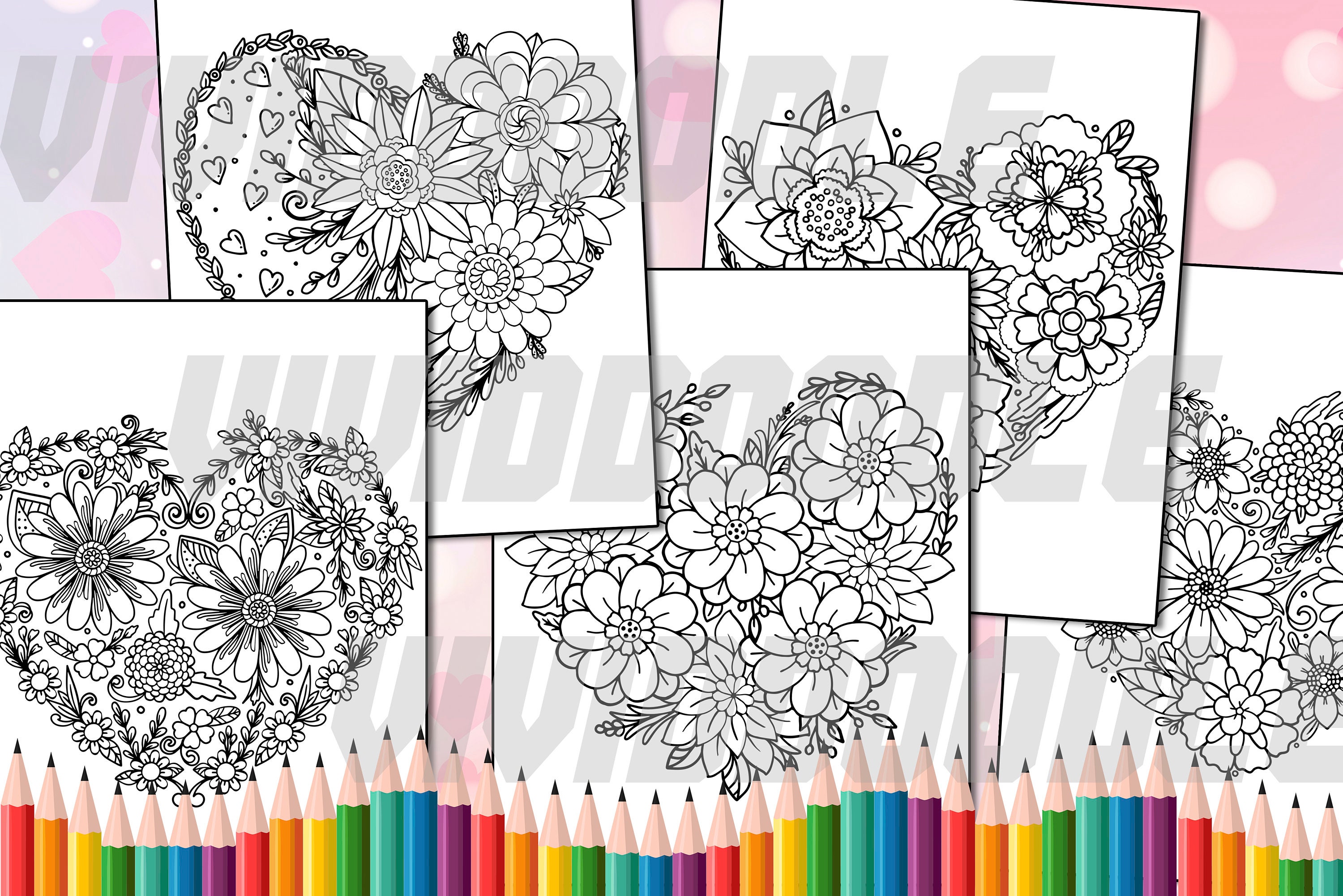 Hand Drawn Heart Flower Doodle Digital Coloring Pages Clip Art Instant ...