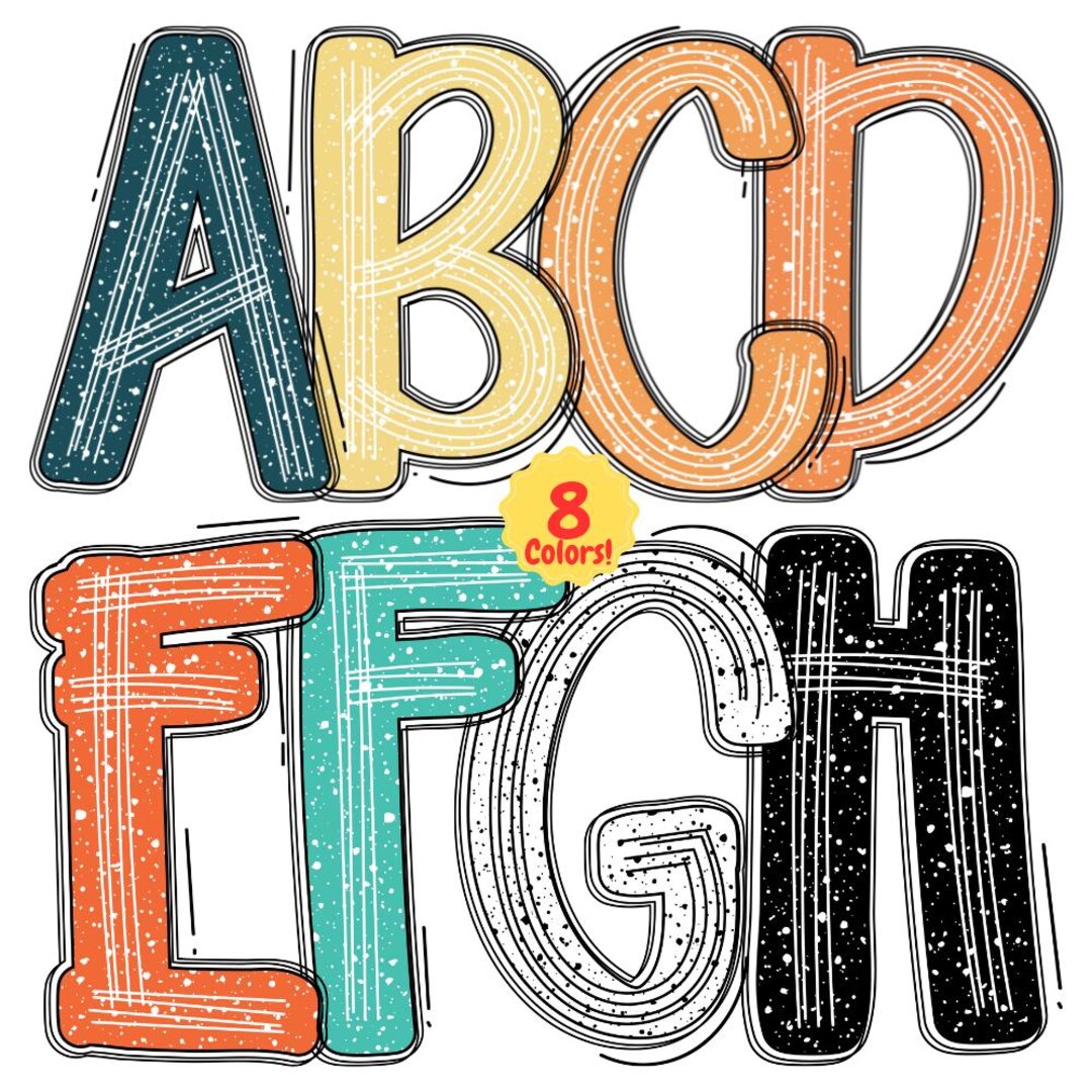 Boho Distressed Scribble Alphabet PNG Bundle, 8-color Grunge Letters ...