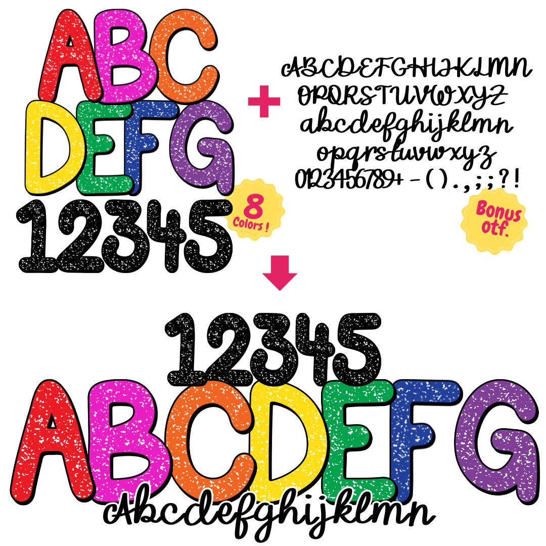Distressed Font Bundle PNG, Grunge Alphabet PNG, Neon Color Palette, Doodle Alpha, Retro Doodle ...