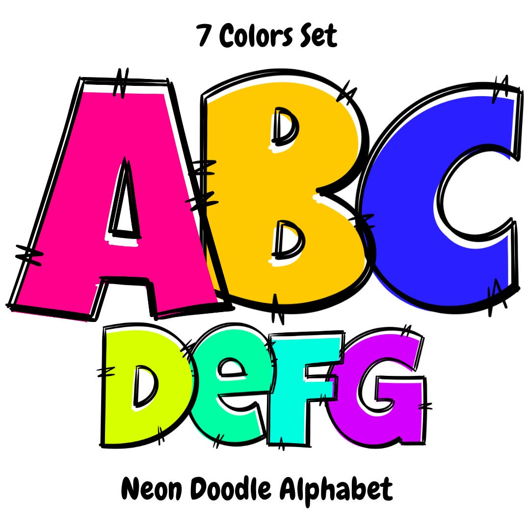 Bright Doodle Alphabet & Letters PNG: Colorful Neon Alpha Set ...