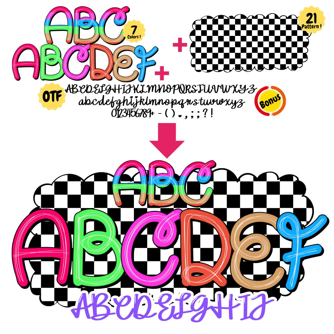 Neon Scribble Alphabet With Checkered Background Png, Custom Scribble ...
