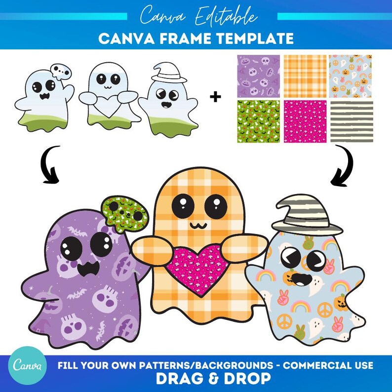 Cute Ghost Canva Frames Editable | Canva Template | Customizable Drag ...