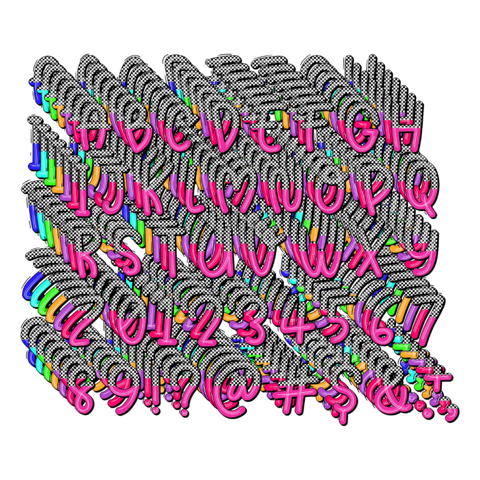 Bright Neon Scribble Doodle Alphabet PNG - Half Checkered Handwritten ...