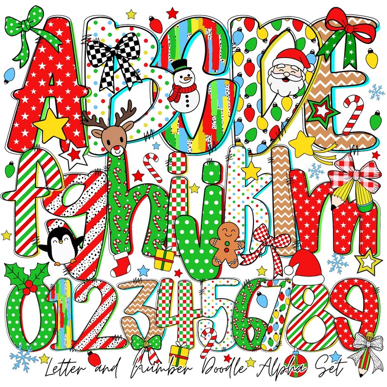 Preppy Christmas Alphabet Letters | Doodle Alpha Font Letter and Number ...