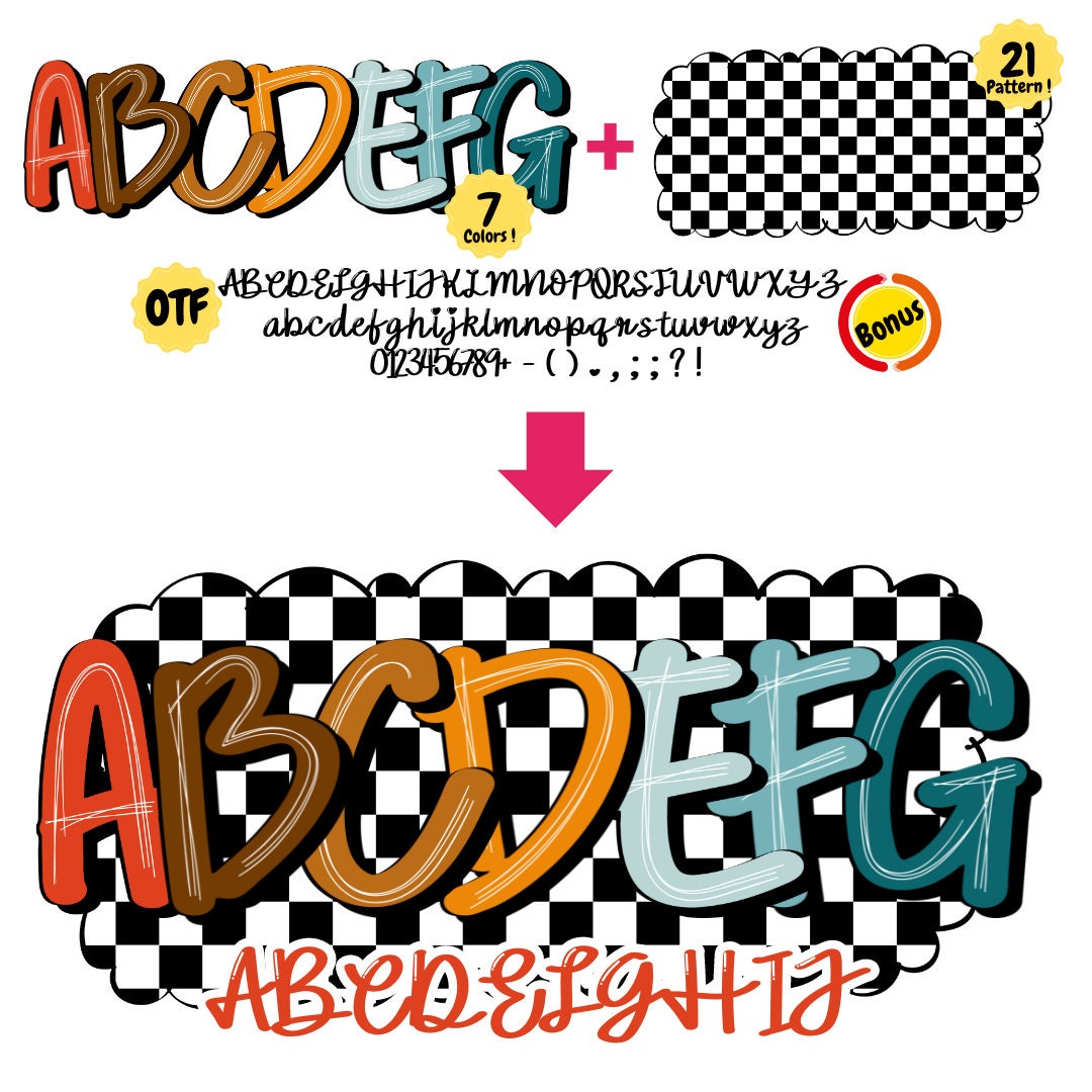 Boho Scribble Alphabet With Checkered Background, Custom Checkered Dot ...