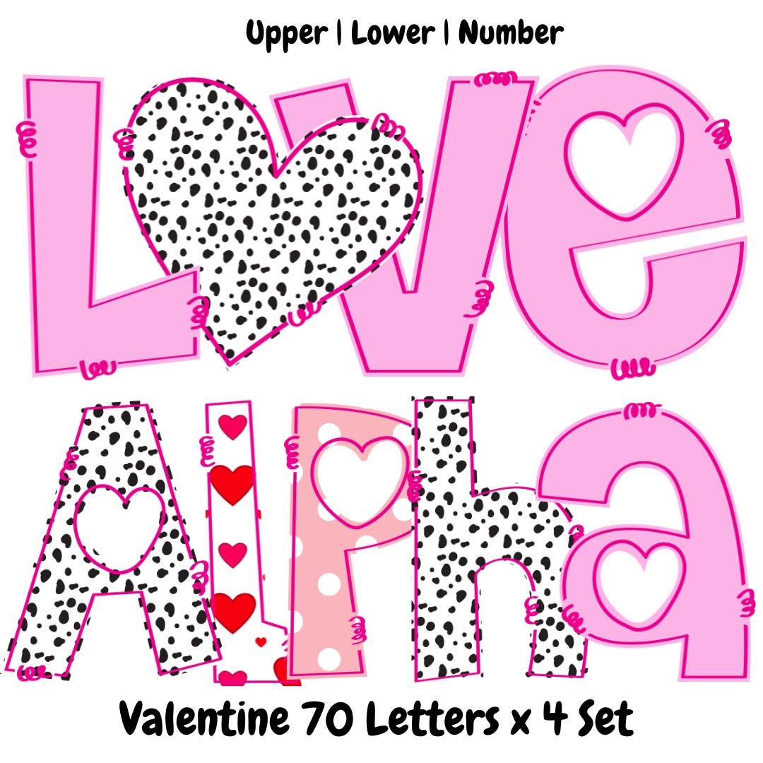 Pink Heart Doodle Alphabet PNG Bundle | Dalmatian Background | Love ...