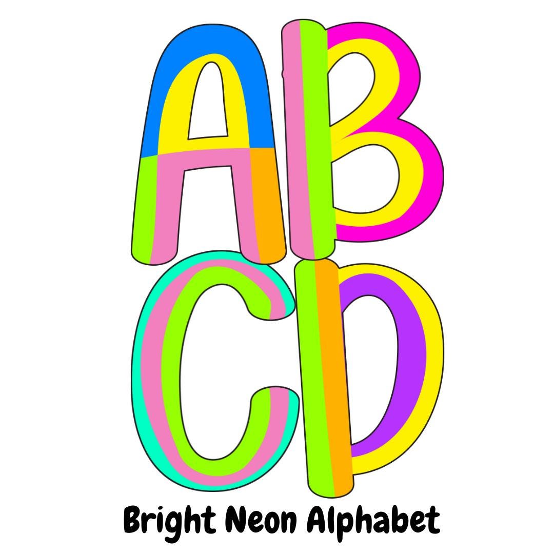 Bright Neon Multicolor Doodle Font Classroom Bundle Png, Teacher Bundle ...