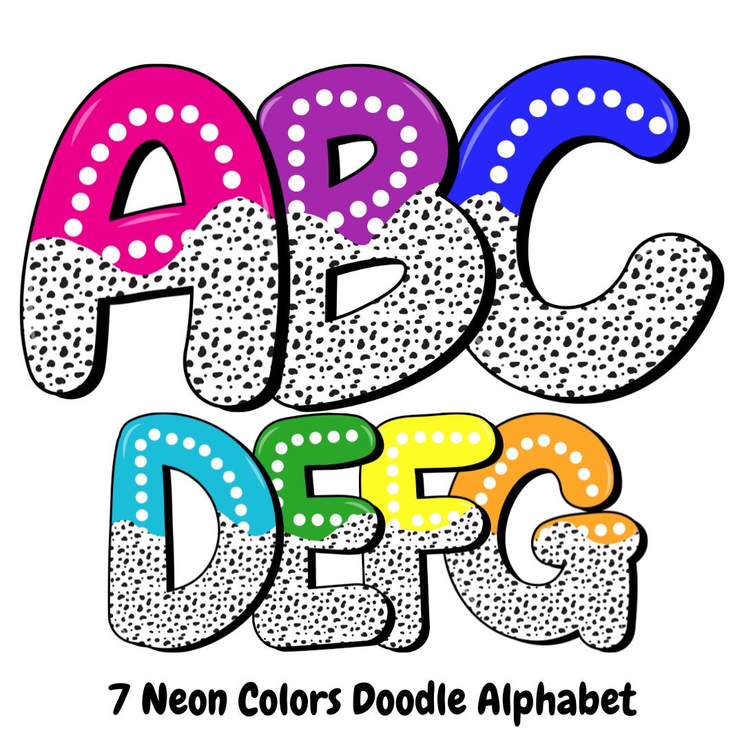 Neon Colorful Half Dalmatian Dot Bubble Doodle Alphabet Font Set PNG ...