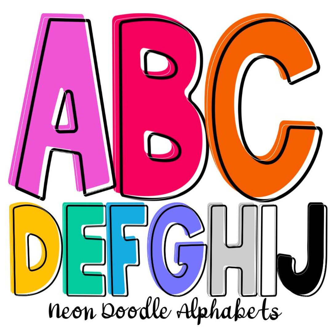 Neon Kindergarten Alphabet Doodle Set - Bright Colorful Alphabet PNG ...