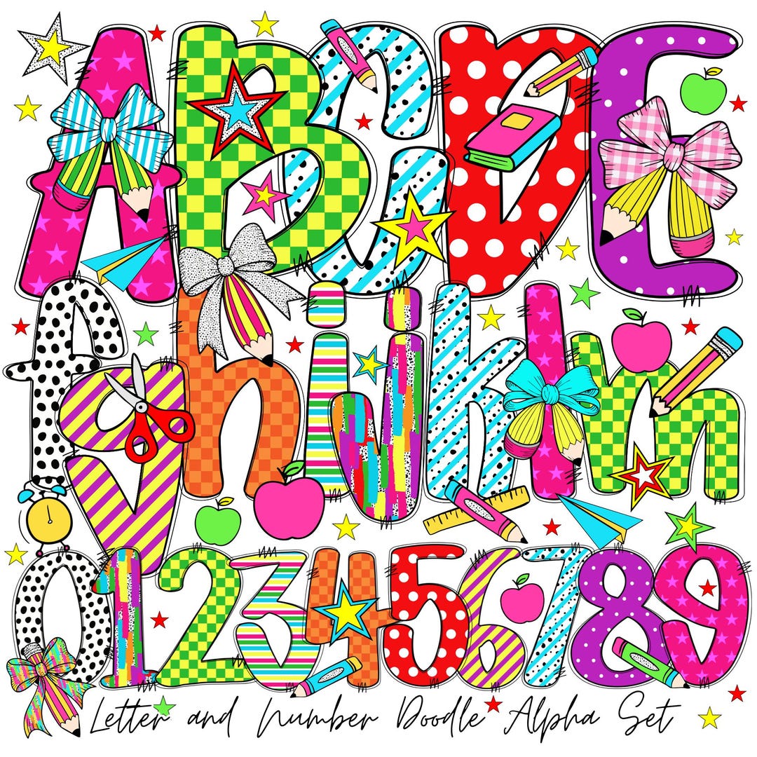 Summer Back to School Preppy Alphabet | Doodle Alpha Font Letter and ...