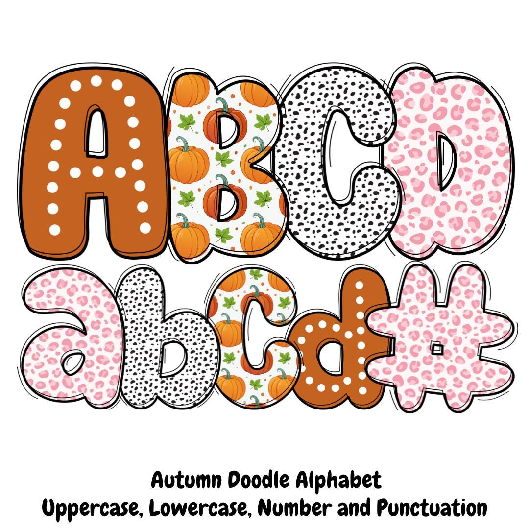 Fall Doodle Alphabet | Uppercase, Lowercase, Numbers | 4 Pattern Fall ...