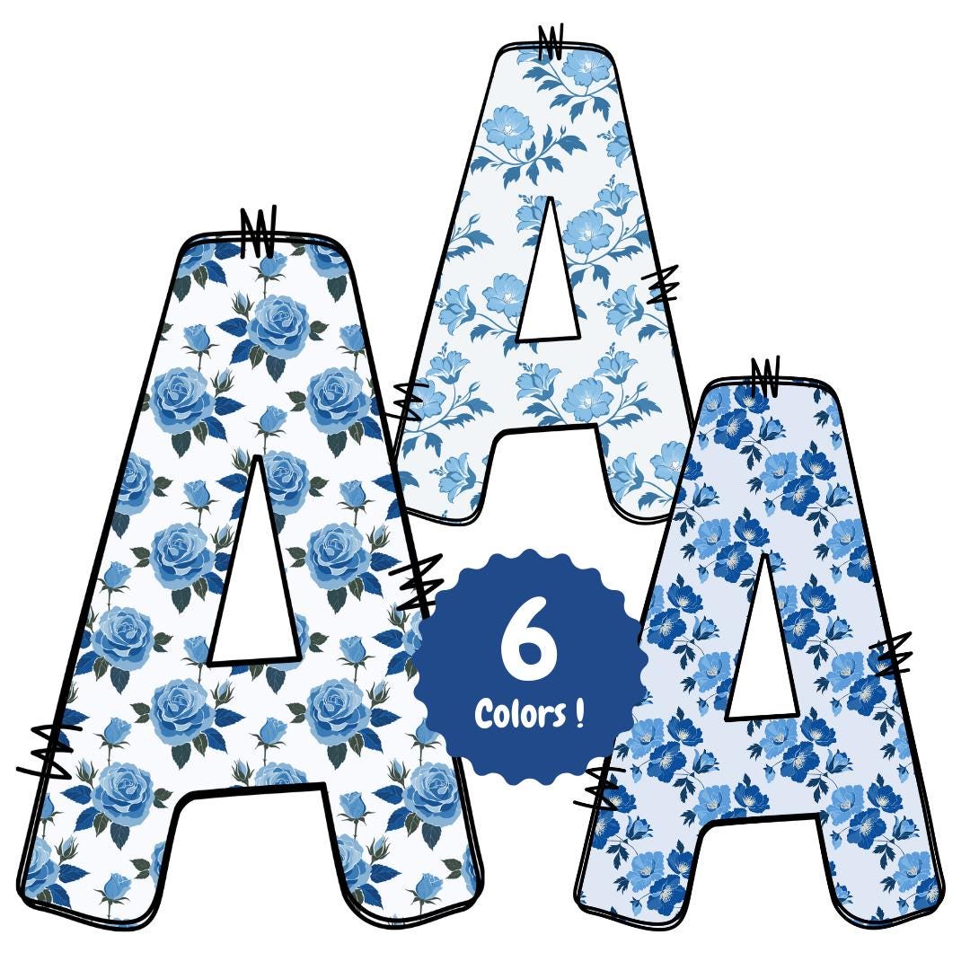 Blue Flower Chinoiserie Alphabet Png Bundle, Floral Chinoiserie Png ...