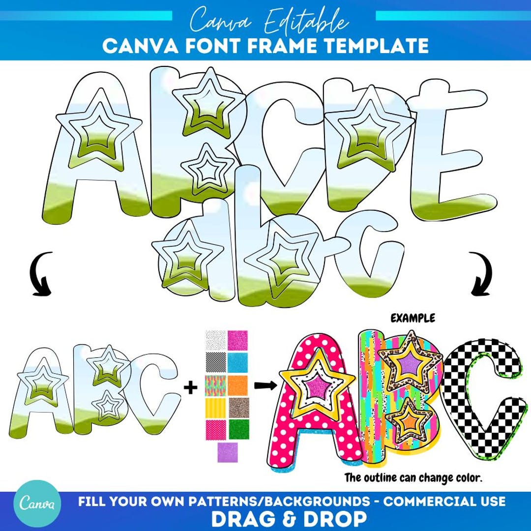 Preppy Star Canva Frame Template Alphabet | Sublimation | Custom Fill ...
