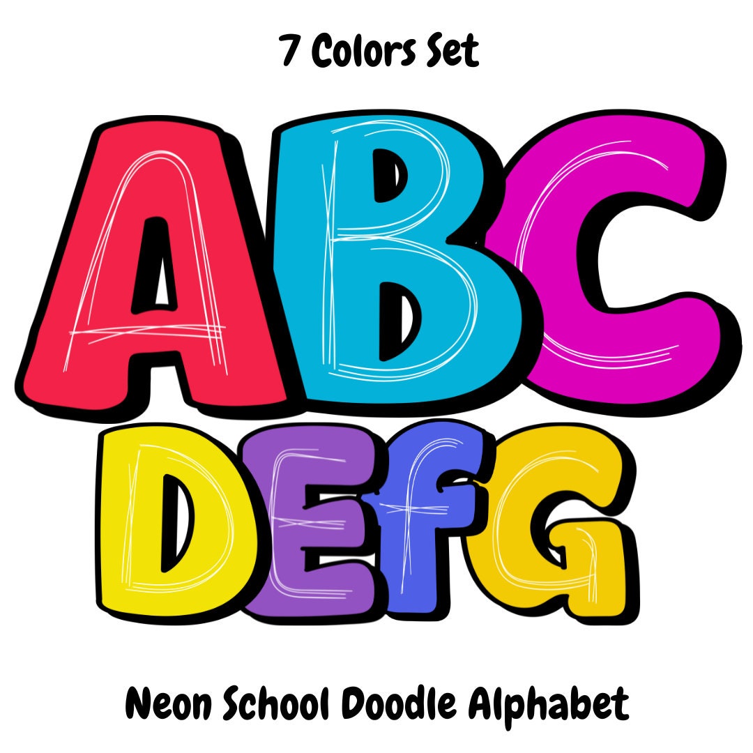 Neon School Alphabet & Doodle Letters PNG Bright, Colorful Alpha Set ...
