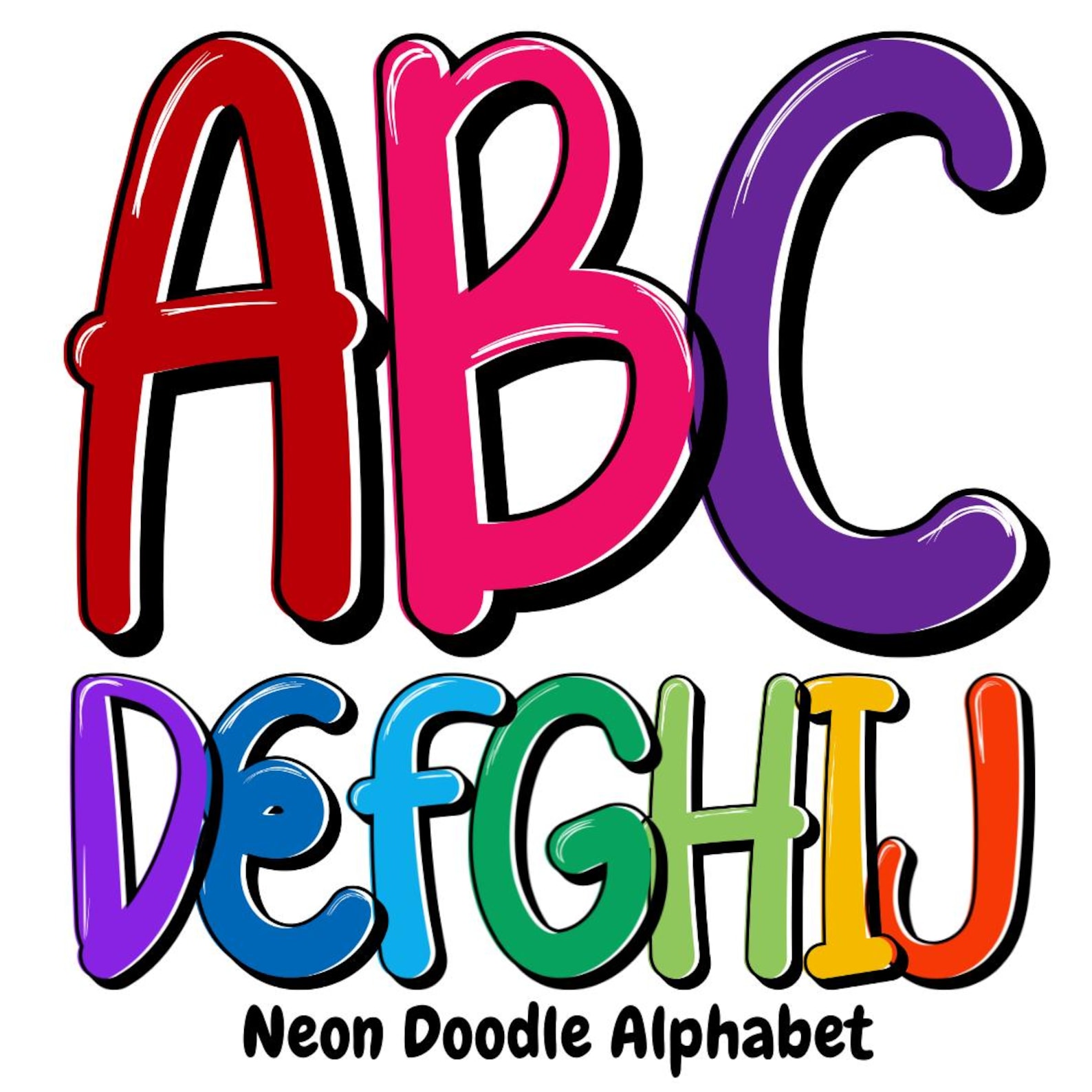 Neon Overlap Letter Font: Cute, Bubble, Handwritten, Doodle Alphabet ...