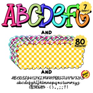 Bright Neon Scribble Alphabet With Colorful Checkered Background ...