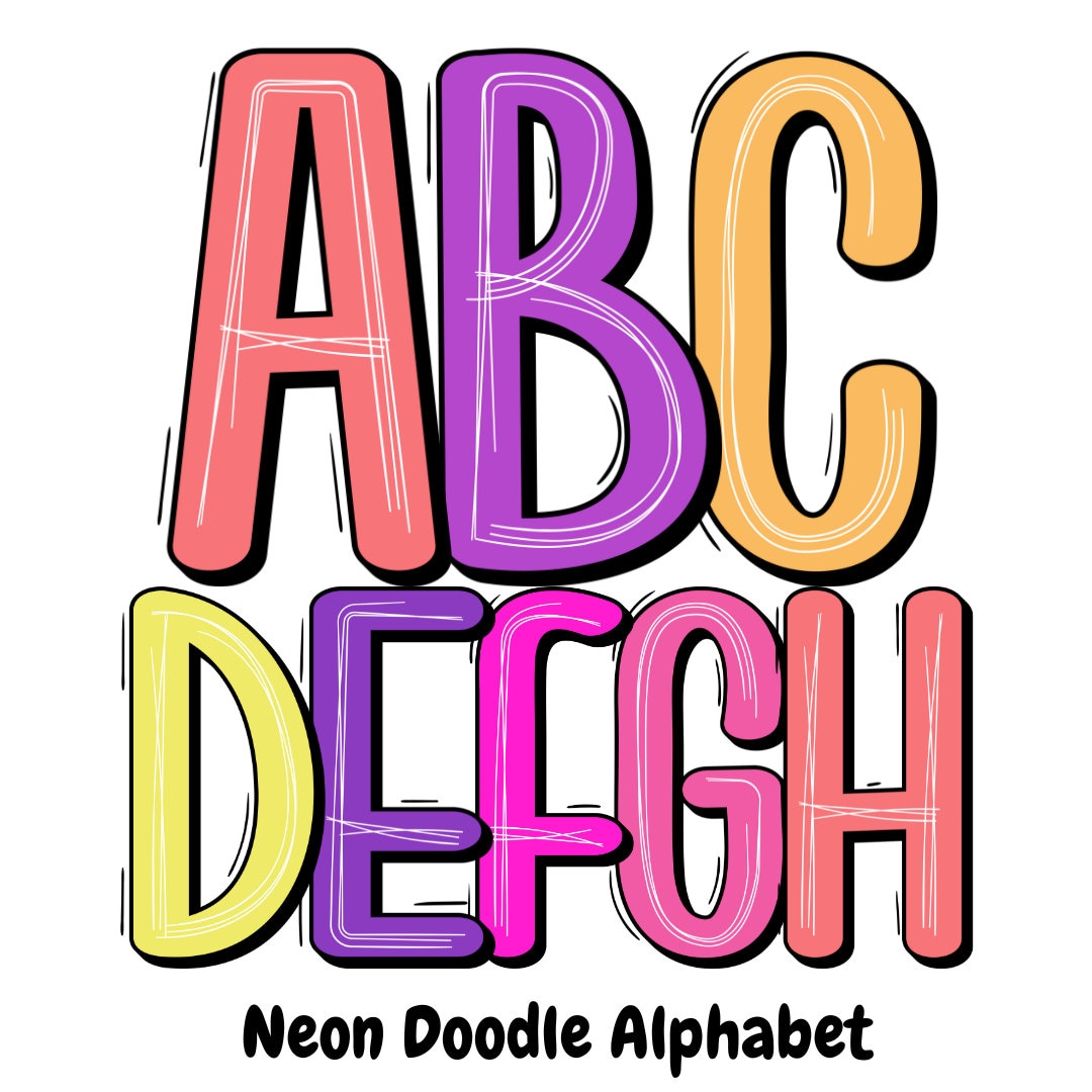 Bright Neon Alphabet Png, Alpha Sets Bundle, Cute Doodle Font, Digital ...