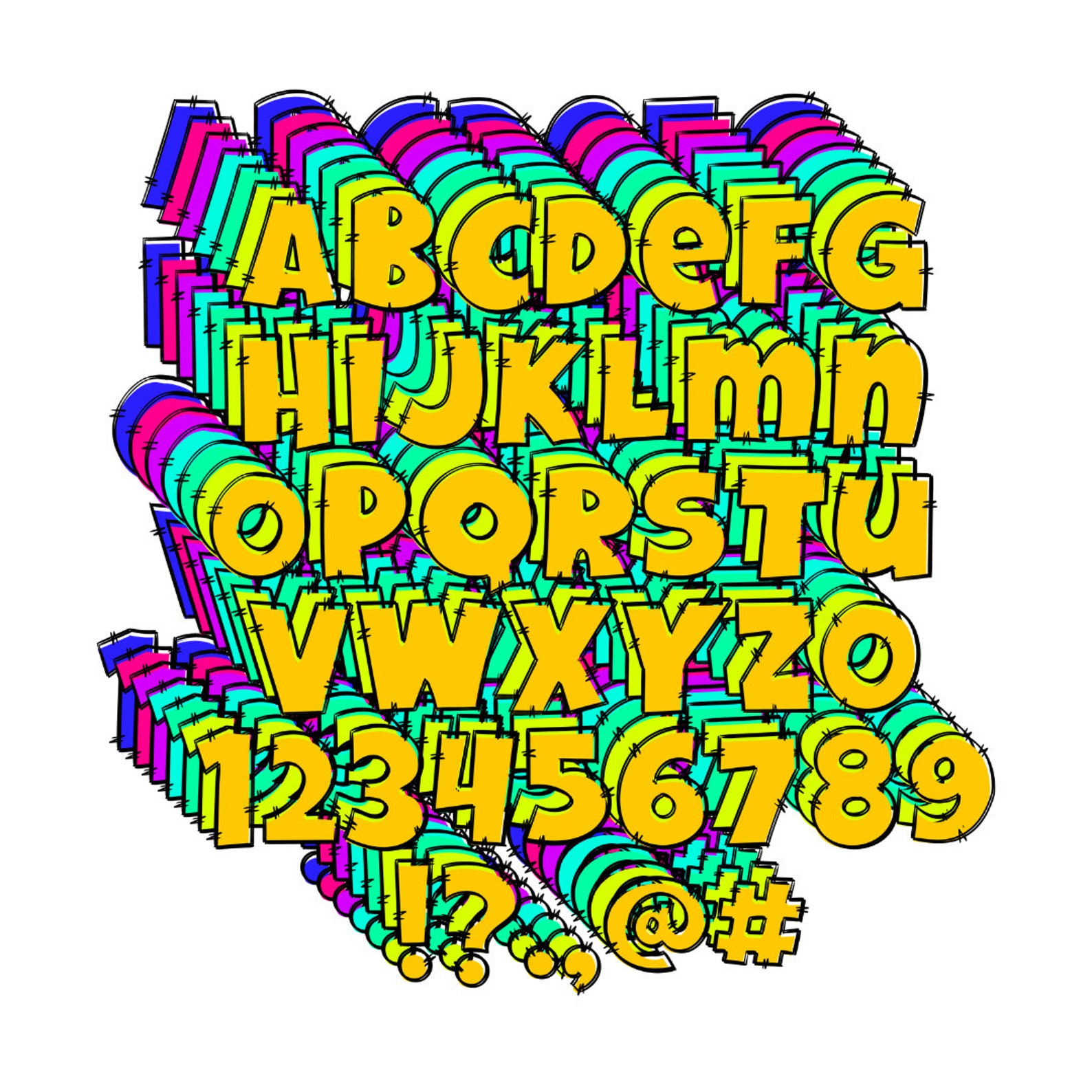 Bright Doodle Alphabet & Letters PNG: Colorful Neon Alpha Set ...