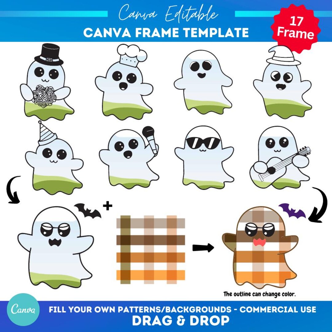 Cute Ghost Canva Frames Editable | Canva Template | Customizable Drag ...