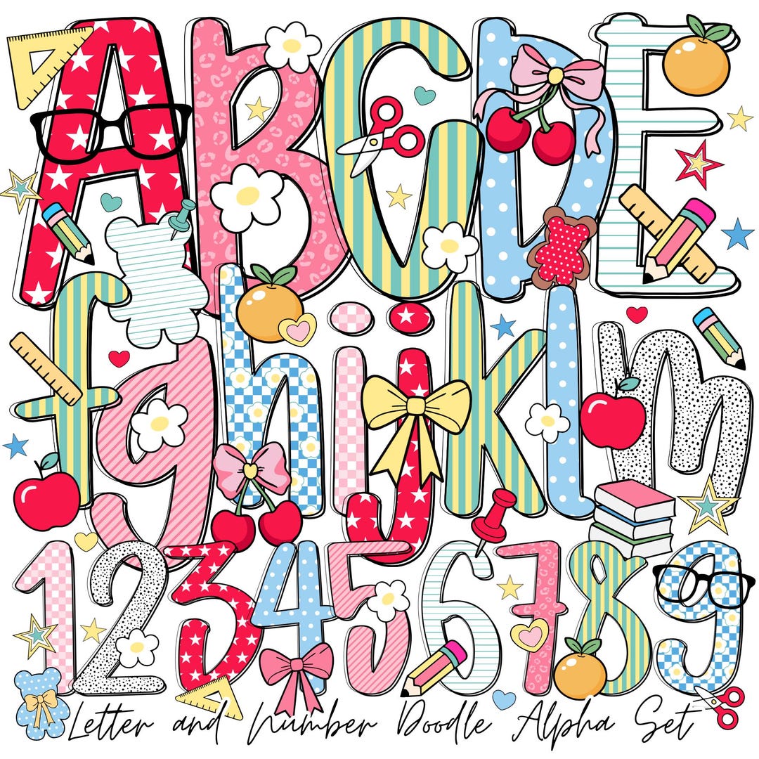 Preppy Letters & Numbers Back to School Teacher Alphabet | Doodle Alpha ...