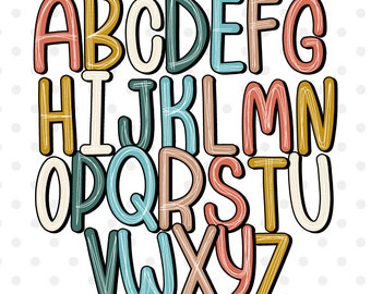 Retro Doodle Scribble Letters PNG in 9 Colors, White Center Line, Boho ...