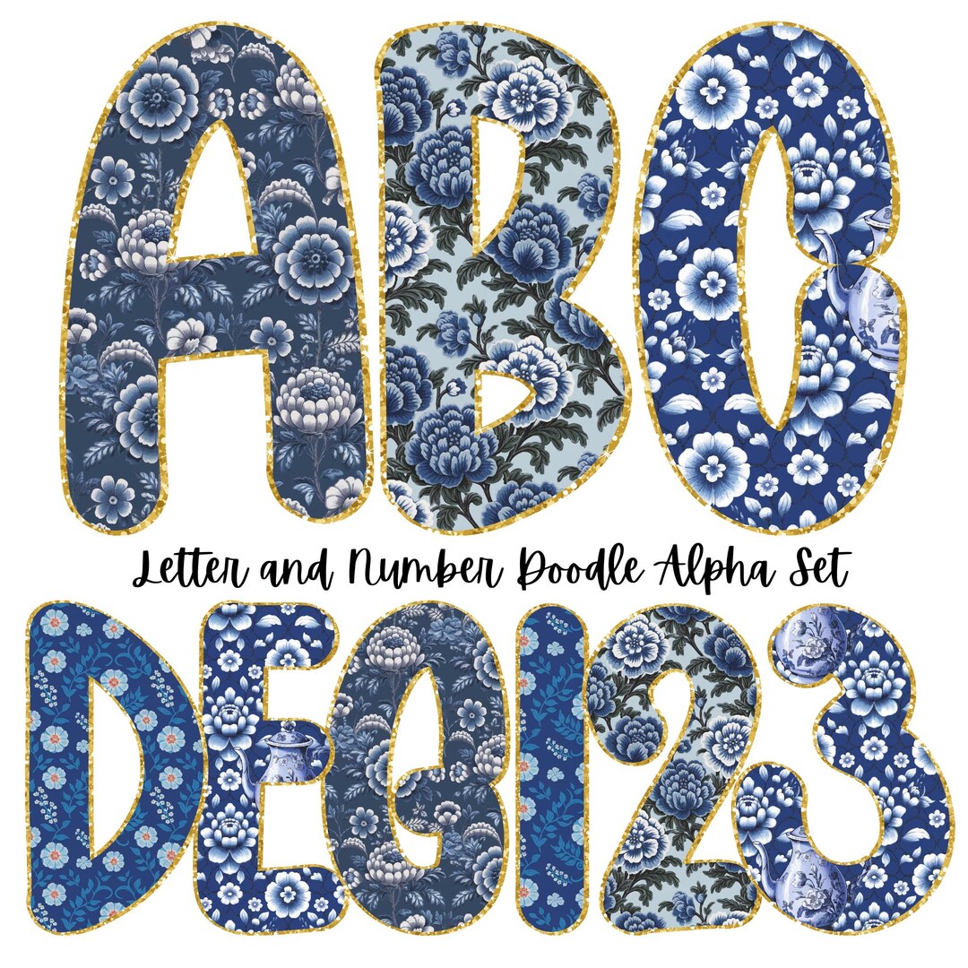 Blue Flower Gold Glitter Line Chinoiserie Alphabet Png Bundle, Floral ...