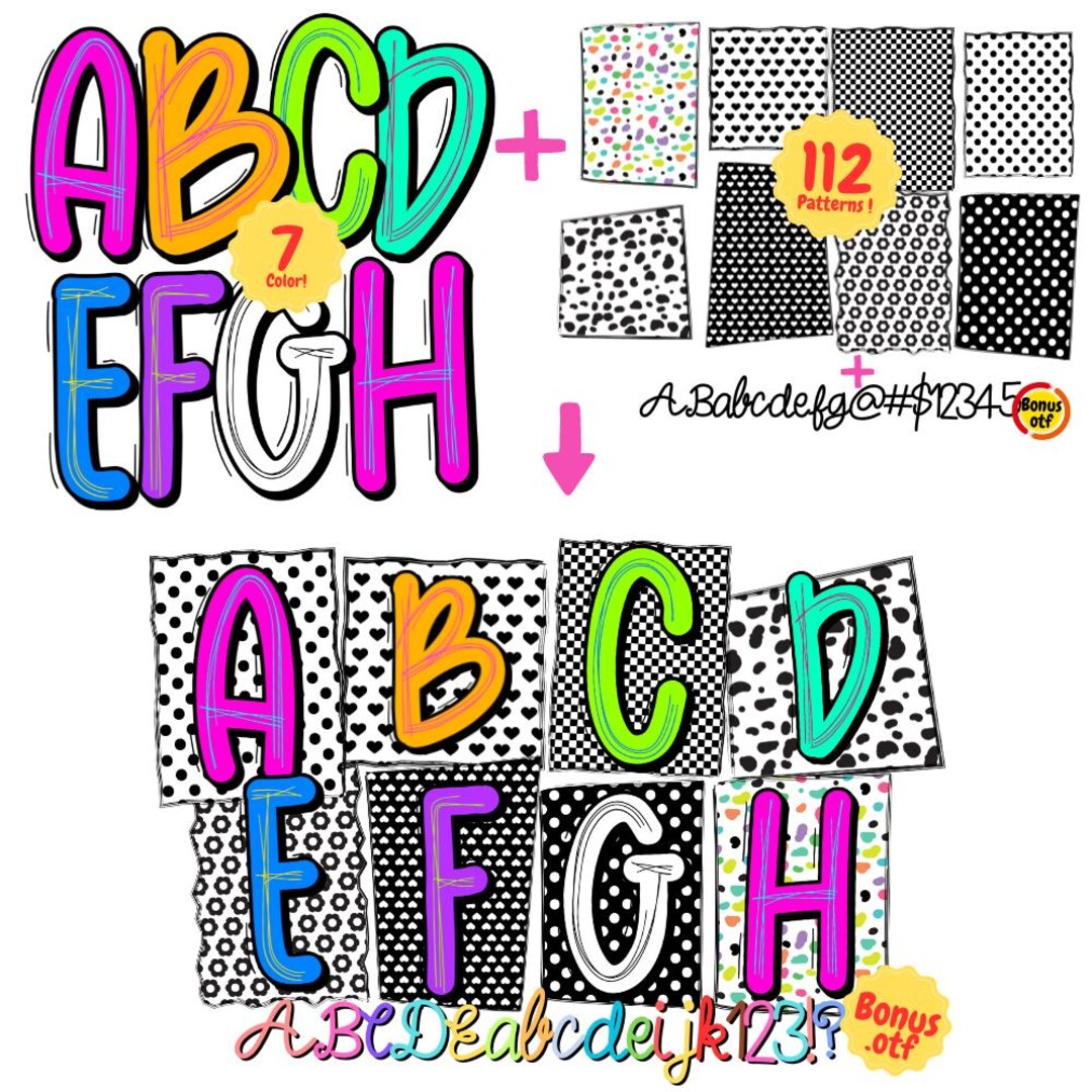 Neon Scribble Doodle Alphabet With Cool Pattern Background : Bright ...