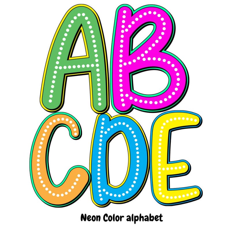 Super Bright Neon Alphabet Png, Alpha Sets Bundle, Dot Alphabet, Doodle ...