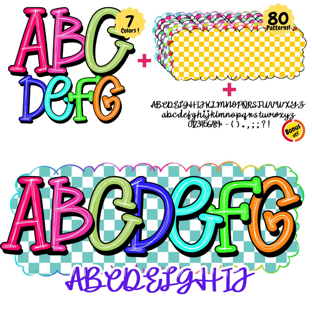 Bright Neon Scribble Alphabet With Colorful Checkered Background ...