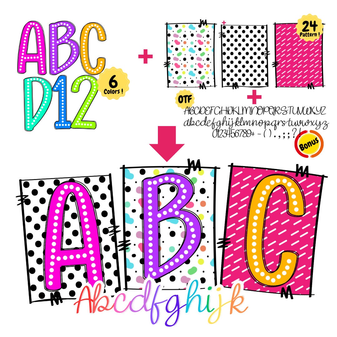 Neon Dot Dalmation Alphabet With Colorful Background Png, Custom ...