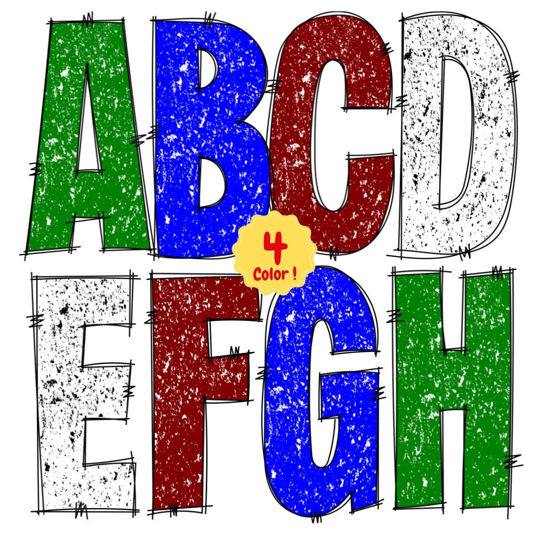 4 Colors Neon Doodle Letters Png: Retro, Bold, Grunge, Distressed, Hand ...