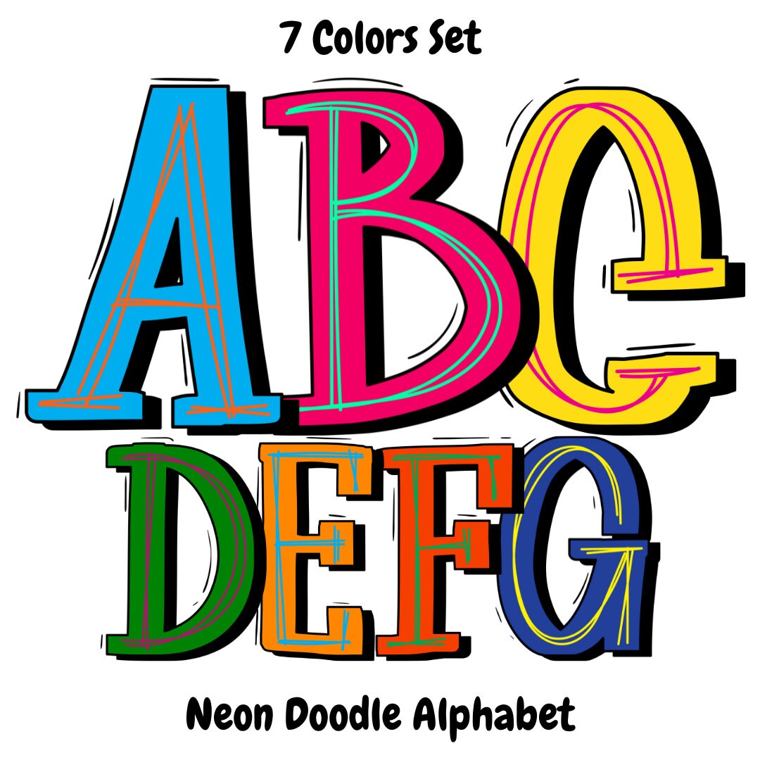 Bright Scribble Doodle Alphabet Set: Neon, Colorful, Contrast Fonts ...