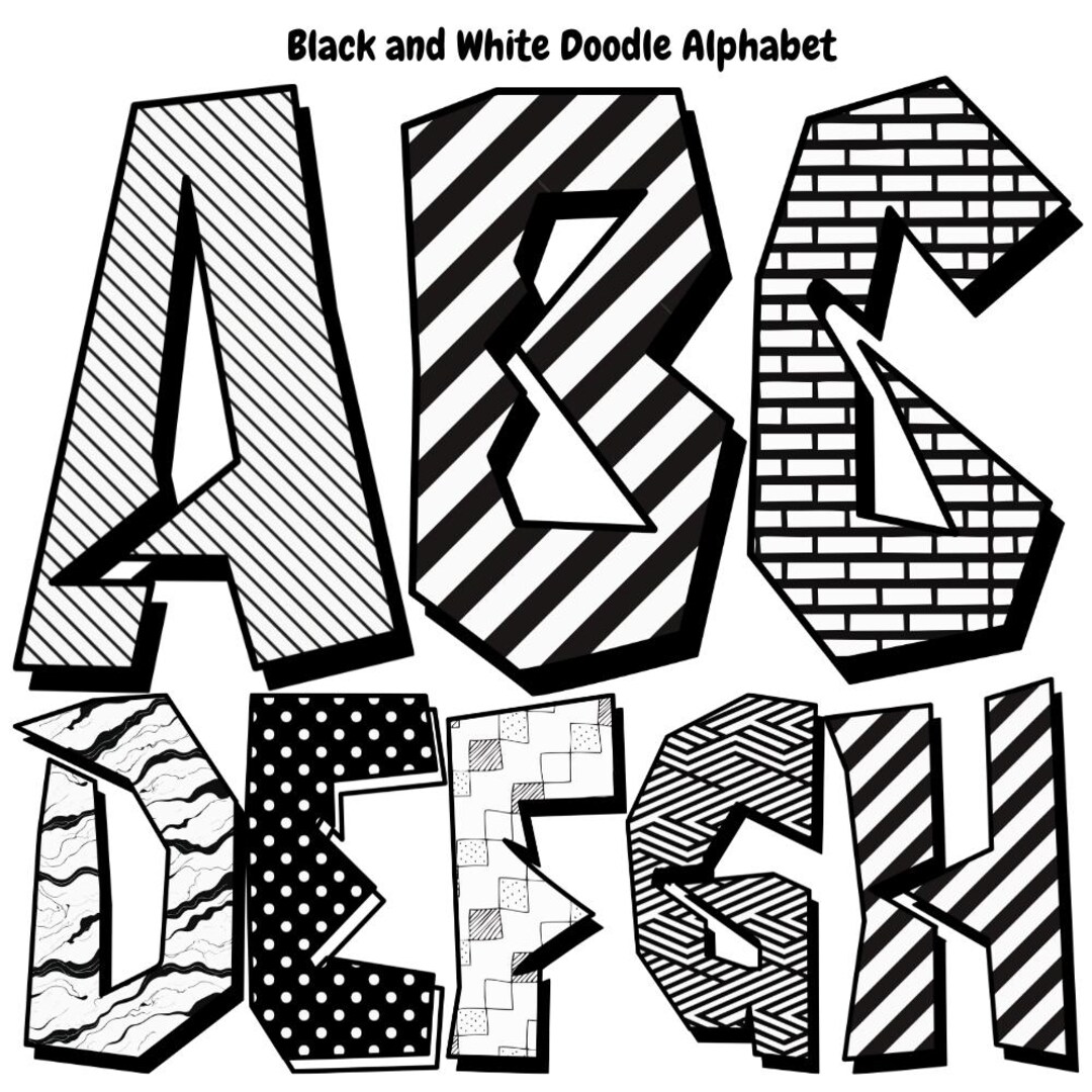 7 Block Bulletin Board Black & White Scribble Doodle Alphabet Dot ...