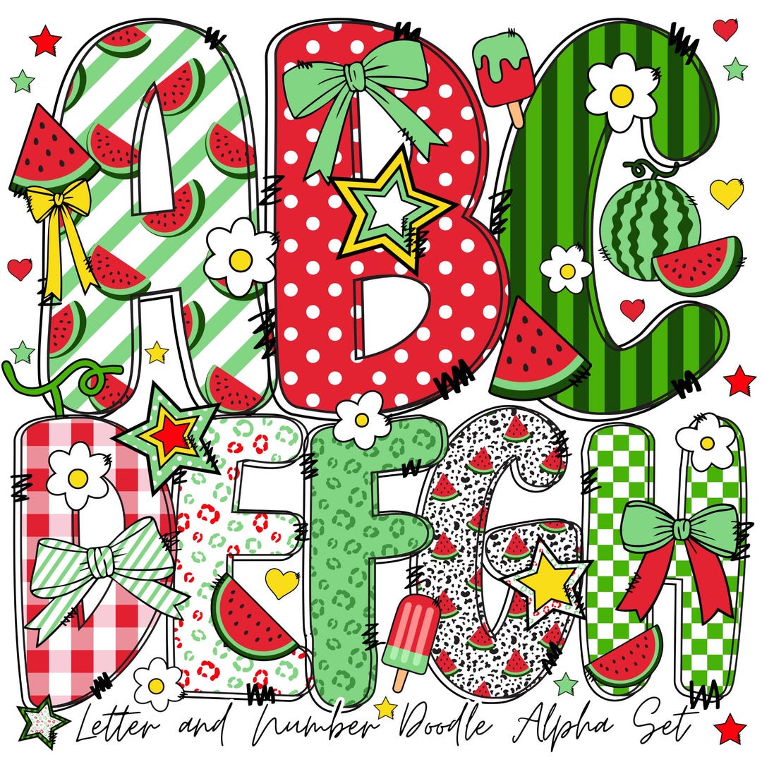 Watermelon Summer Alphabet | Doodle Alpha Font Letter and Number ...