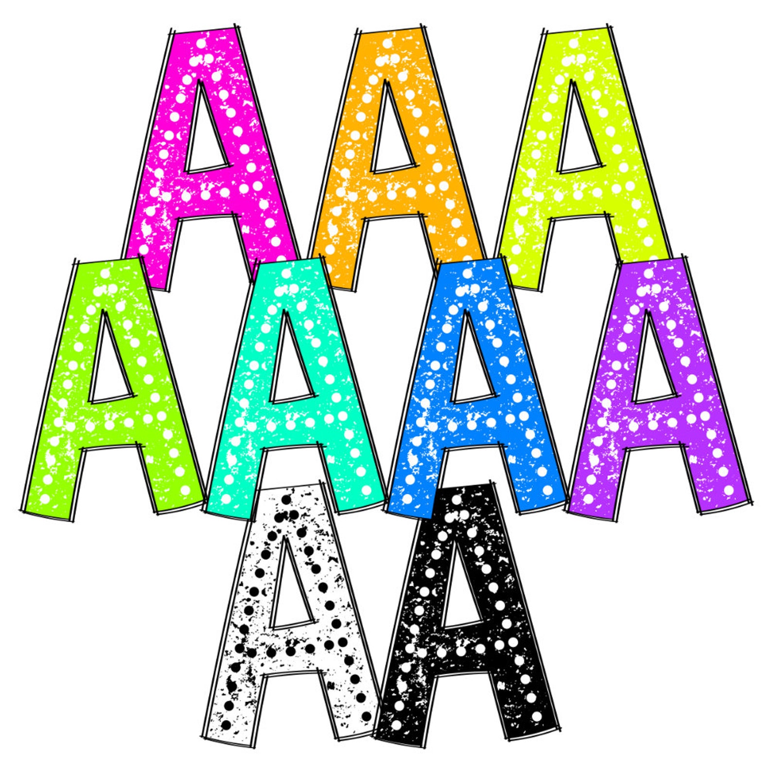 Neon Dalmatian Dot Letters Png: Retro, Bold, Grunge, Distressed, Hand ...