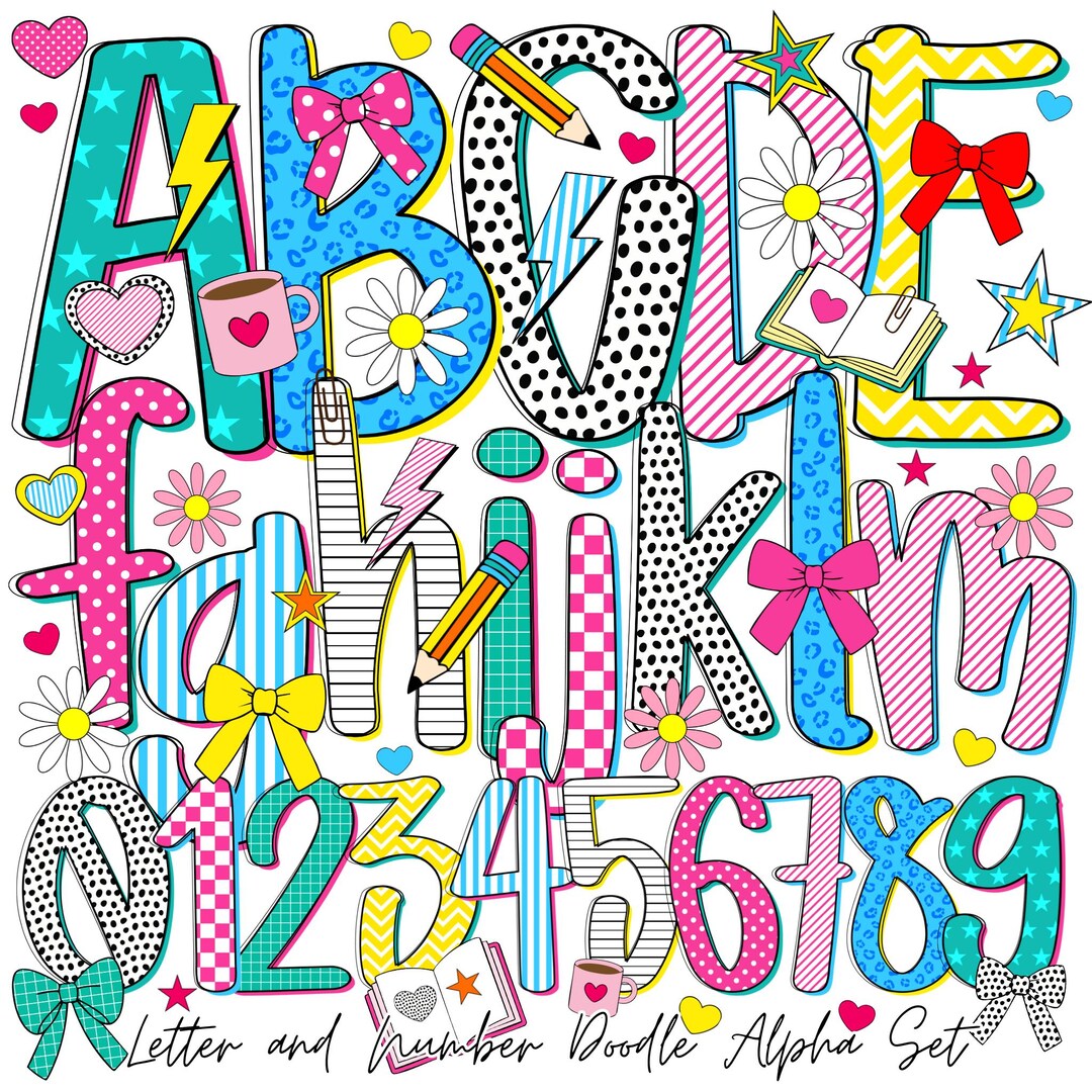 Preppy Retro Back to School Teacher Alphabet | Doodle Alpha Font ...