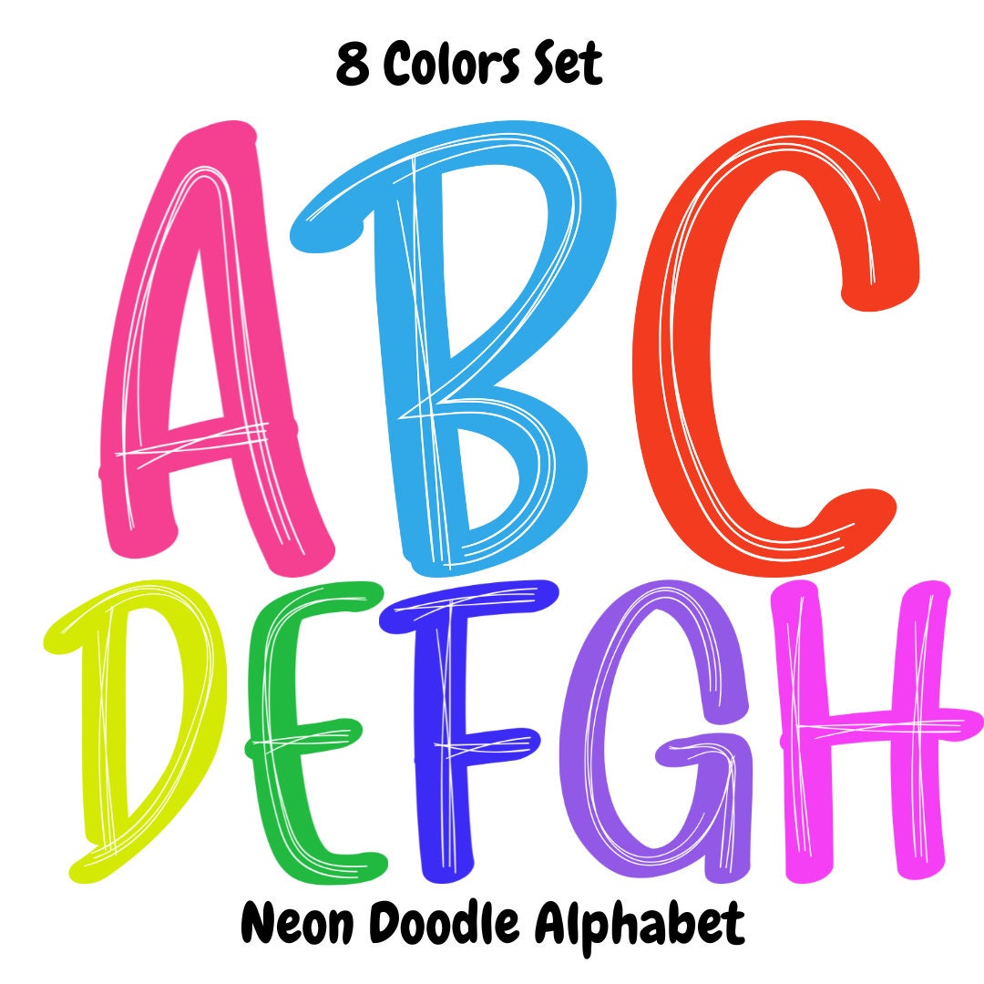 Neon Scribble Doodle Handwritten Font - Bright Colorful Alphabet PNG ...