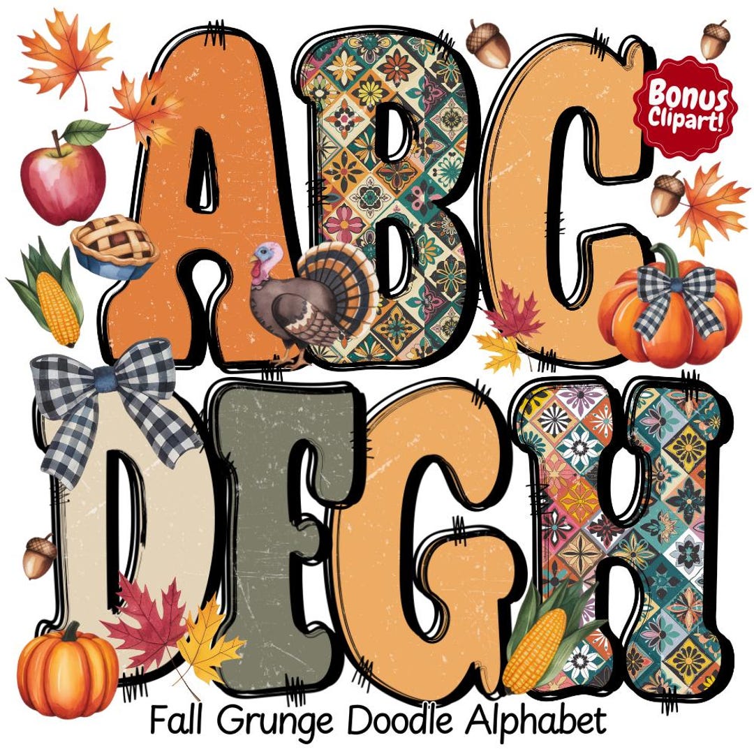 Thanksgiving Doodle Letters and Clipart PNG| Thanksgiving Alphabet PNG ...