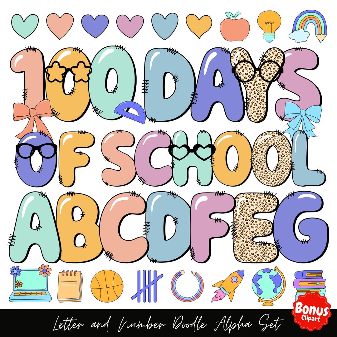 100 Day of School Alphabet | Hand-drawn Alphabet PNG | Colorful ...