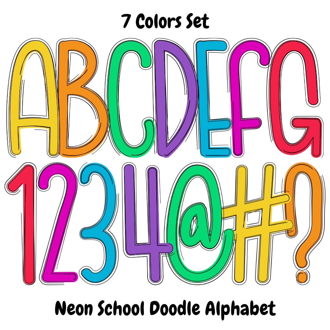 Neon Scribble Doodle Set- Bright Colorful Alphabet PNG Set for ...