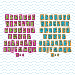 Groovy Kindergarten Alphabet Doodle Set With Square Background Bright ...