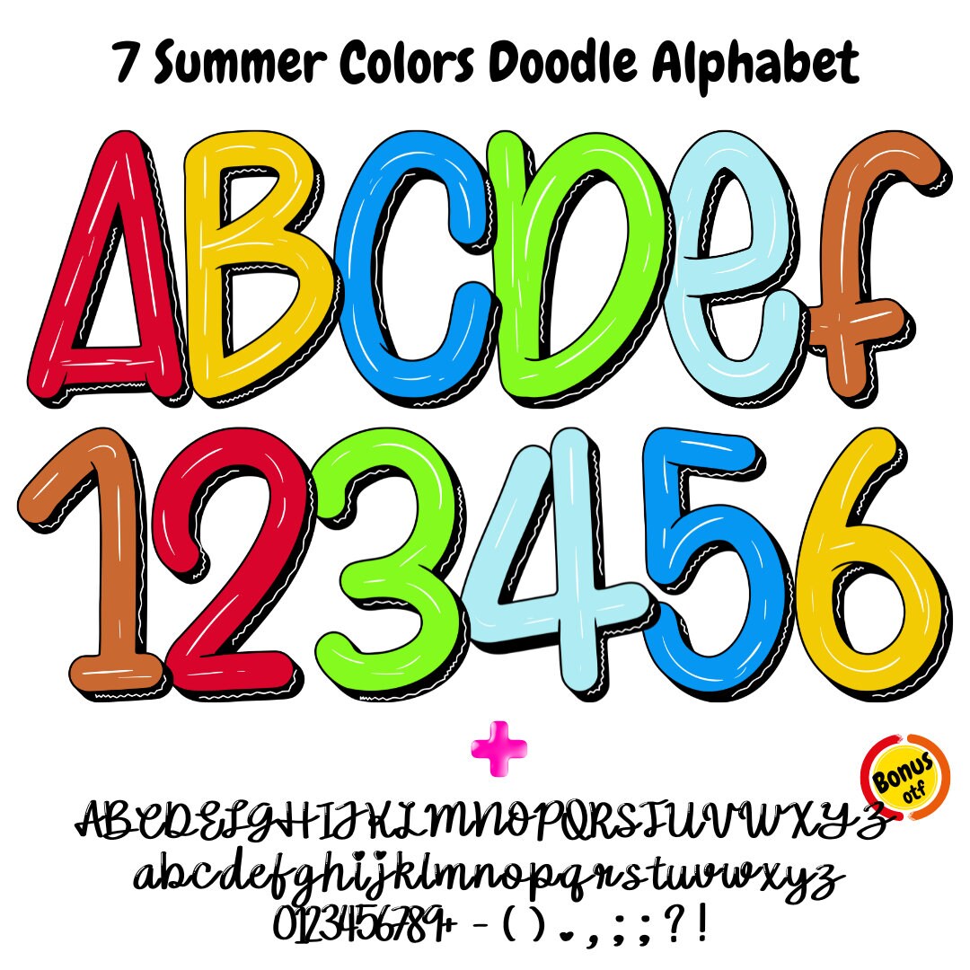 Summer Scribble Doodle Font: Colorful, Bright Alphabet Set PNG for ...