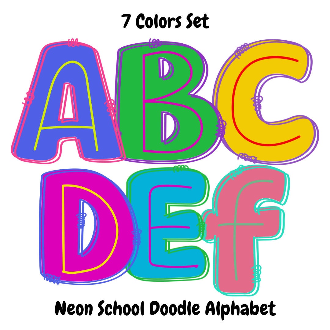 Neon Doodle Letters & School Alphabet PNG Bright, Colorful Alpha Set ...